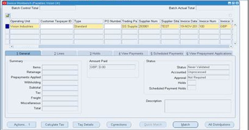 Oracle Applications: How to Create Tax Only Invoice in AP
