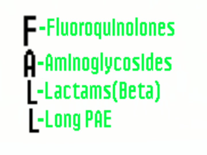 MNEMONICS FOR MEDICOS: Long post antibiotic effect is seen with:FALL