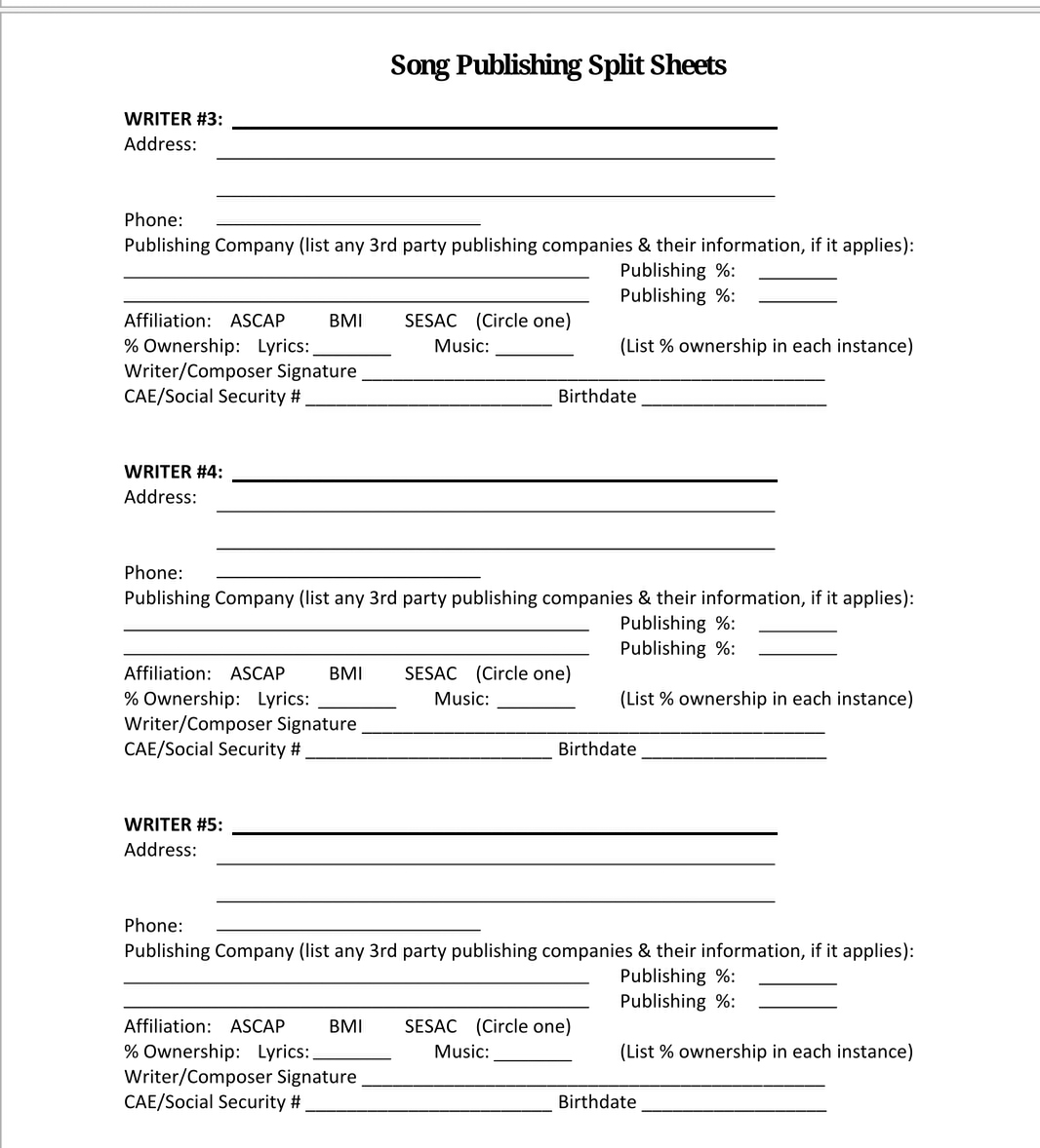 Split Sheet Template Split Sheet Template