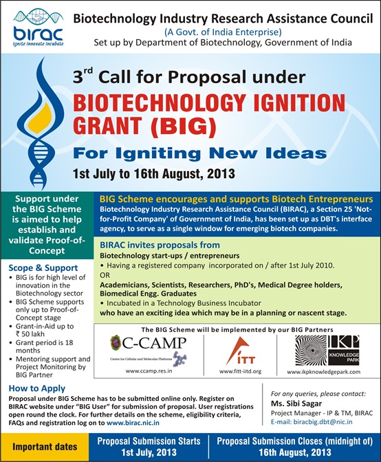 BIRAC Biotech Ignition Grant (BIG) 2013