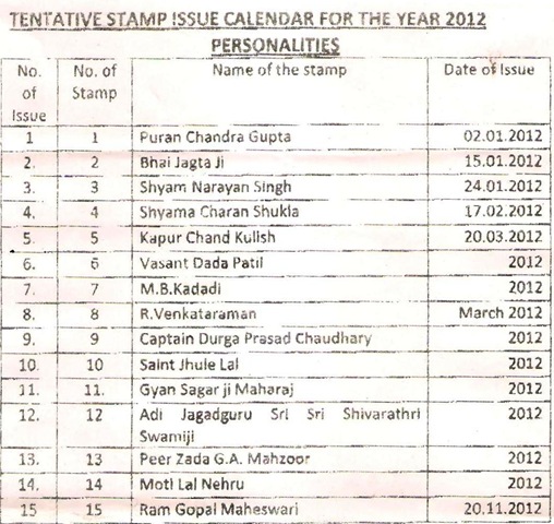 Rainbow Stamp Club: India Post Stamp Issue Programme –2012