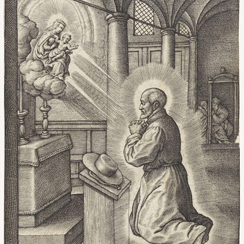 Ignatius van Loyola heeft een visioen van Maria met het Christuskind, Hieronymus Wierix, na 1613 ...