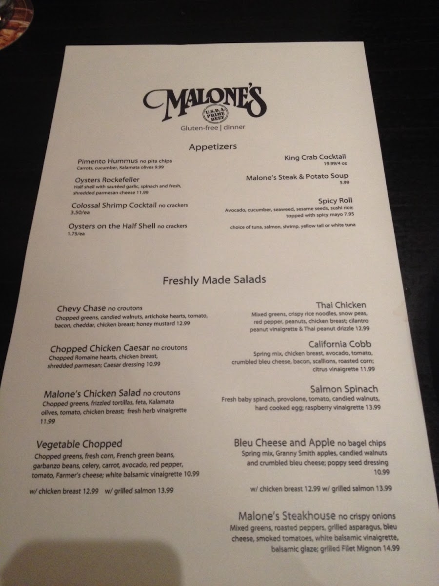 Menu as of 3/29/14 - Photo from Malone's Lansdowne
