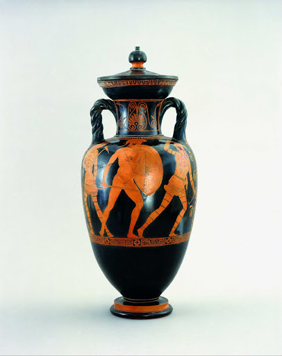 Attic red-figure neck amphora and lid depicting Theseus attacking an ...