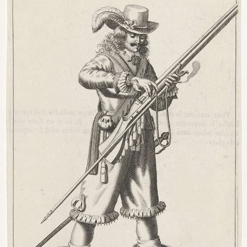 Soldaat die zijn lont van de haan van zijn musket losmaakt, ca. 1645 ...