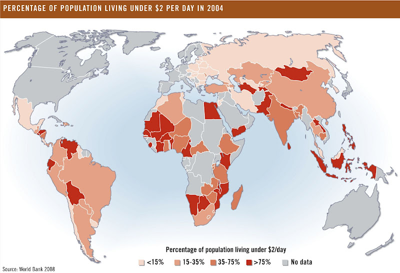 Colored Map of the World by Percent of the Population Living Under $2 ...