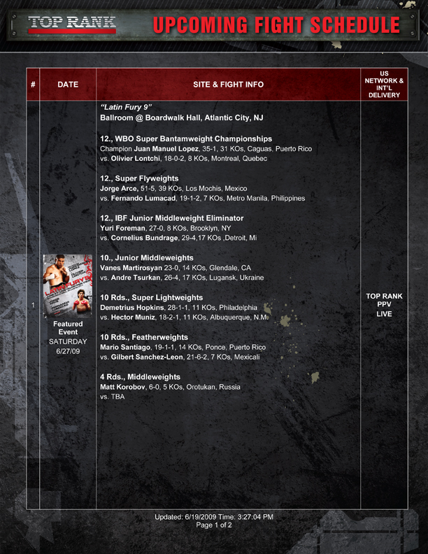 Top Rank Boxing: Upcoming Fight Schedule - updated on June 19, 2009