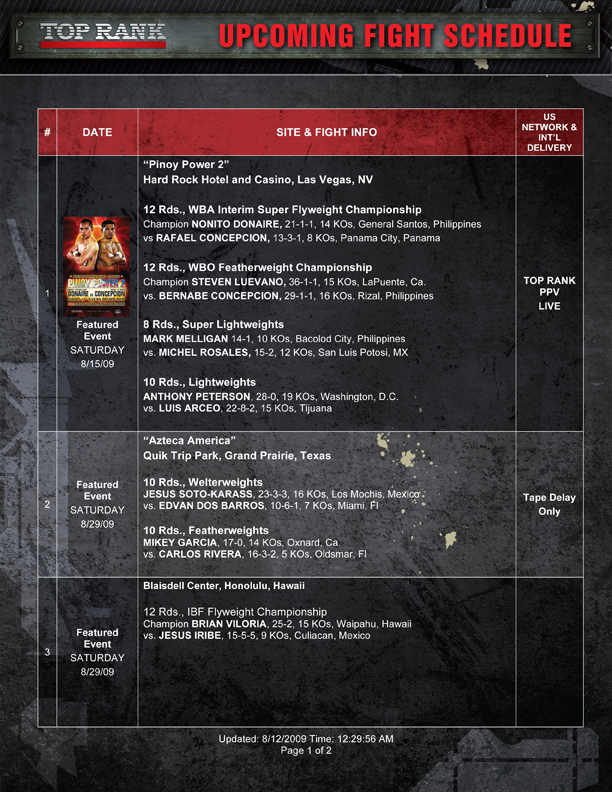 Top Rank Boxing: Upcoming Fight Schedule - updated on Aug 11, 2009