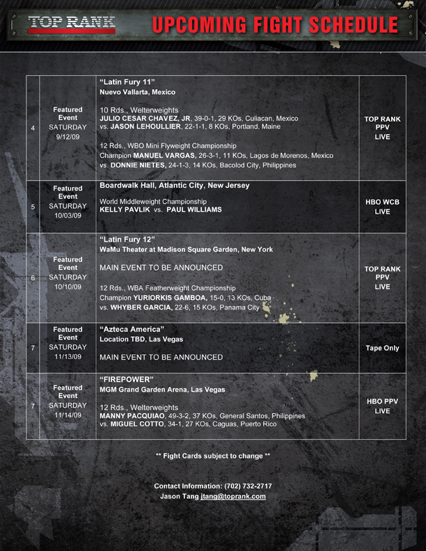 Top Rank Boxing: Upcoming Fight Schedule - updated on Aug 11, 2009