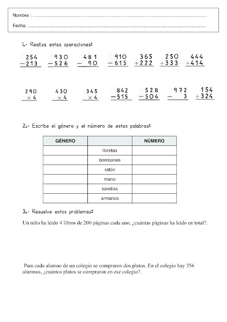 ACTIVIDADES DE 2º DE PRIMARIA DE LENGUA Y MATEMATICAS