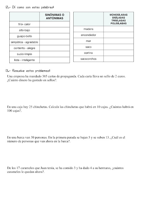 ACTIVIDADES DE 2º DE PRIMARIA DE LENGUA Y MATEMATICAS