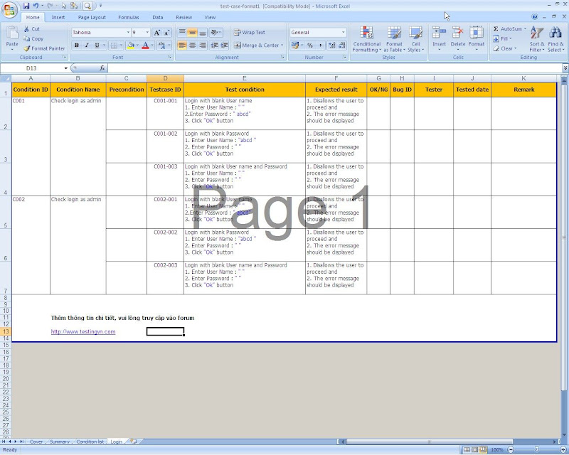 Test Case Excel Template