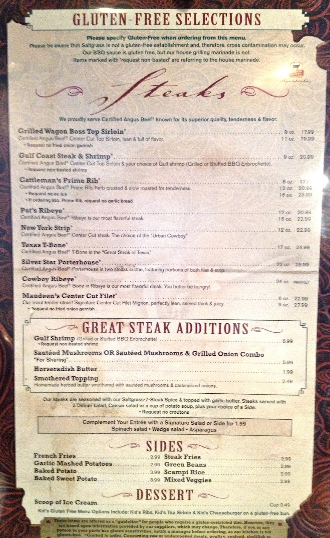 Menu for saltgrass steakhouse store