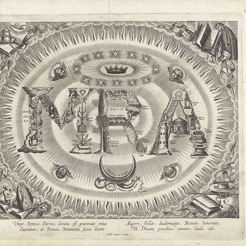 Ornament: Monogram van Maria: MRA opgebouwd uit Mariasymbolen, Michael ...