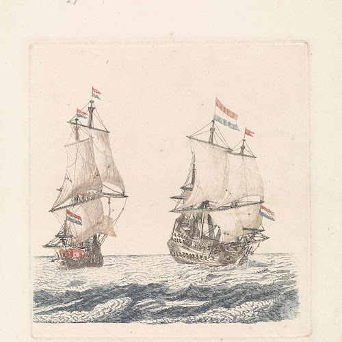 Twee zeilschepen op zee, anonymous, 1688 - 1698 - Rijksmuseum