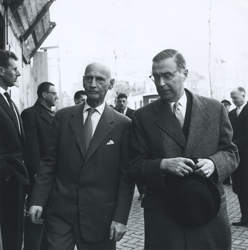 Otto Frank and the mayor of Amsterdam, Van Hall, at the building site ...