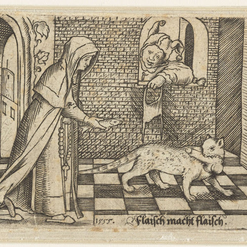 Non biedt kat vis aan in ruil voor penis, anonymous, 1555 - Rijksmuseum